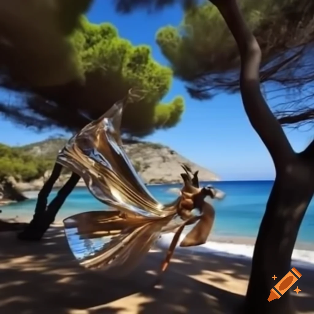 Supermodel with metallic elements flying over Mediterranean beach on ...