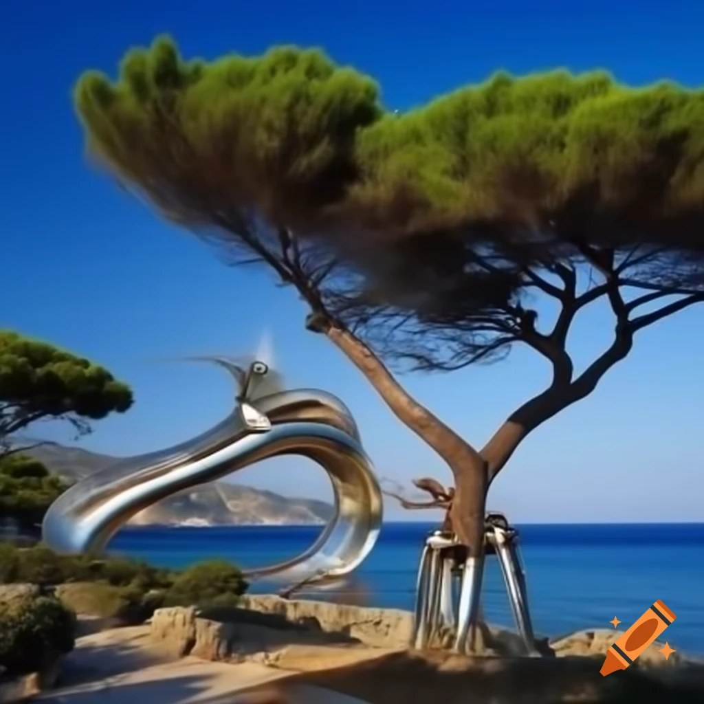 Supermodel with metallic features flying over Mediterranean beach with ...