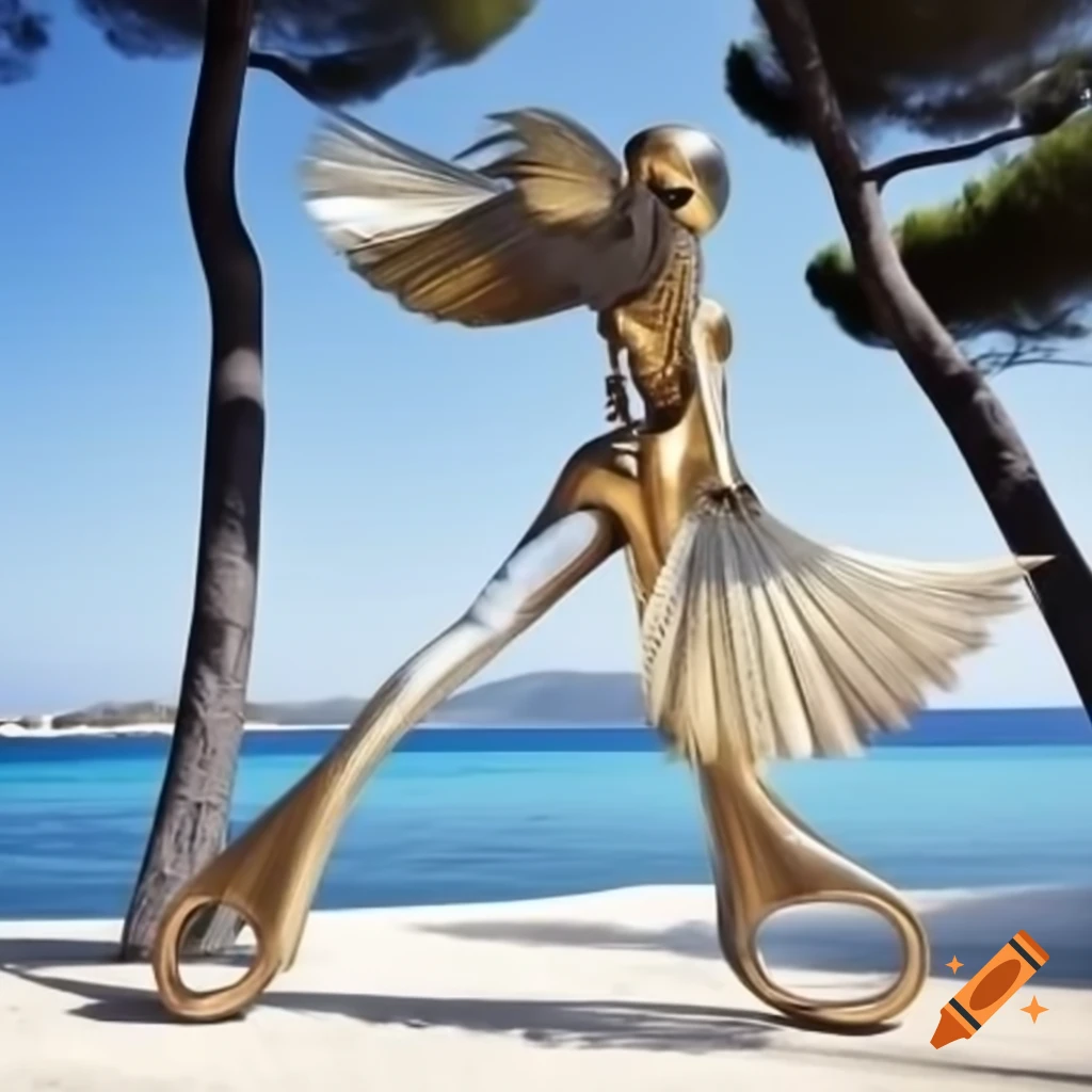 Supermodel with metallic features and wings flying over Mediterranean ...