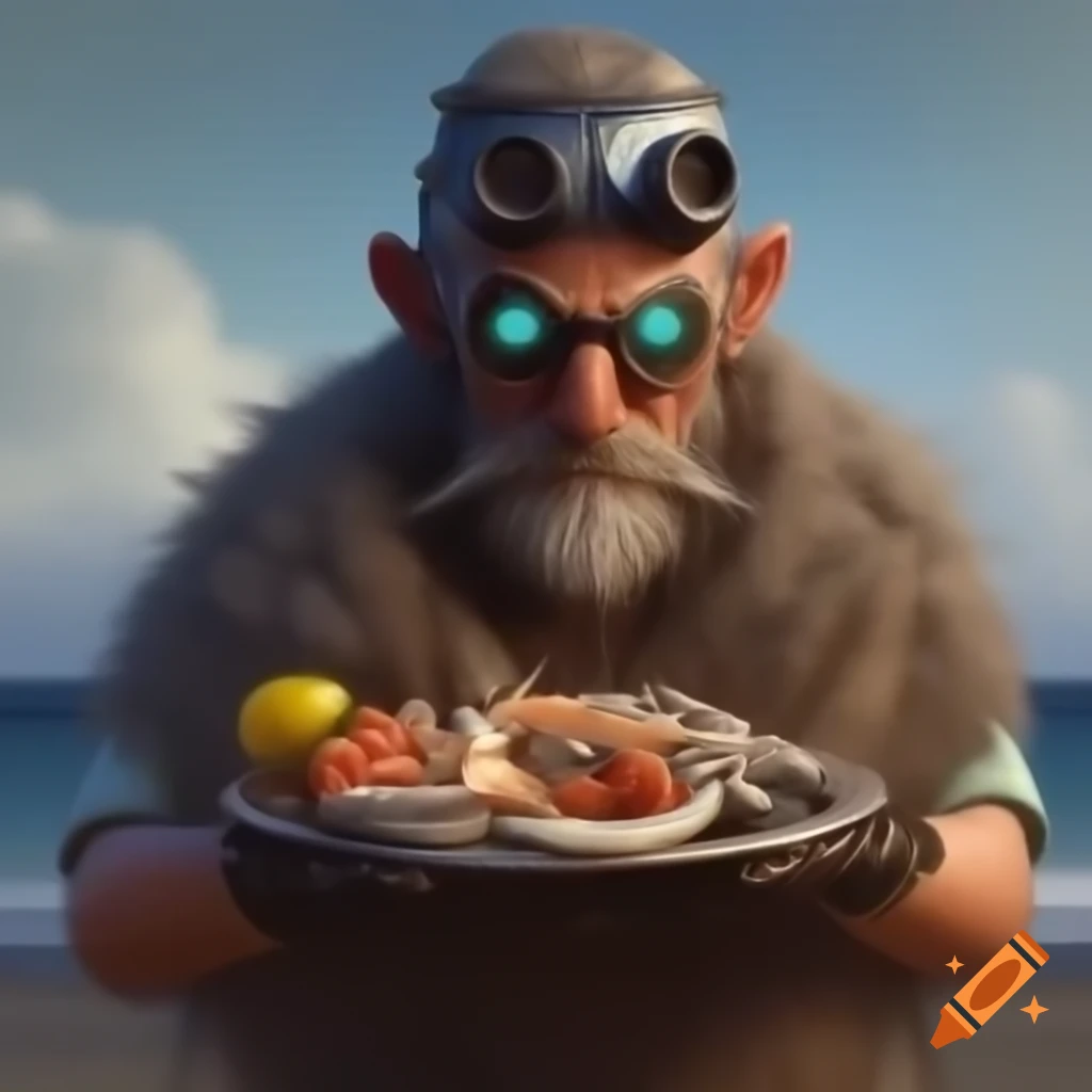 Magical robed man with goggles enjoying seafood on Greek beach, Magic ...