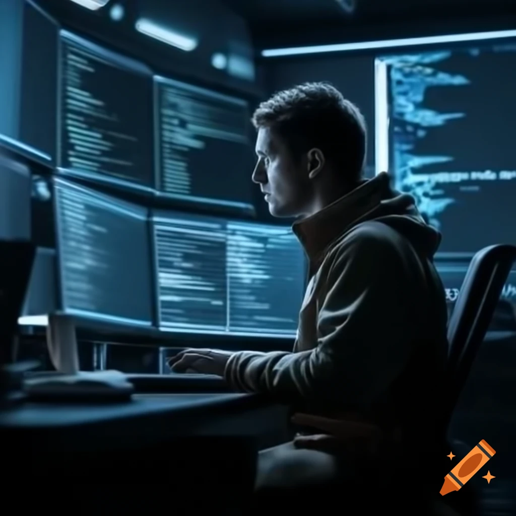 IT engineer at desk with computer screens displaying code in dimly lit room on Craiyon