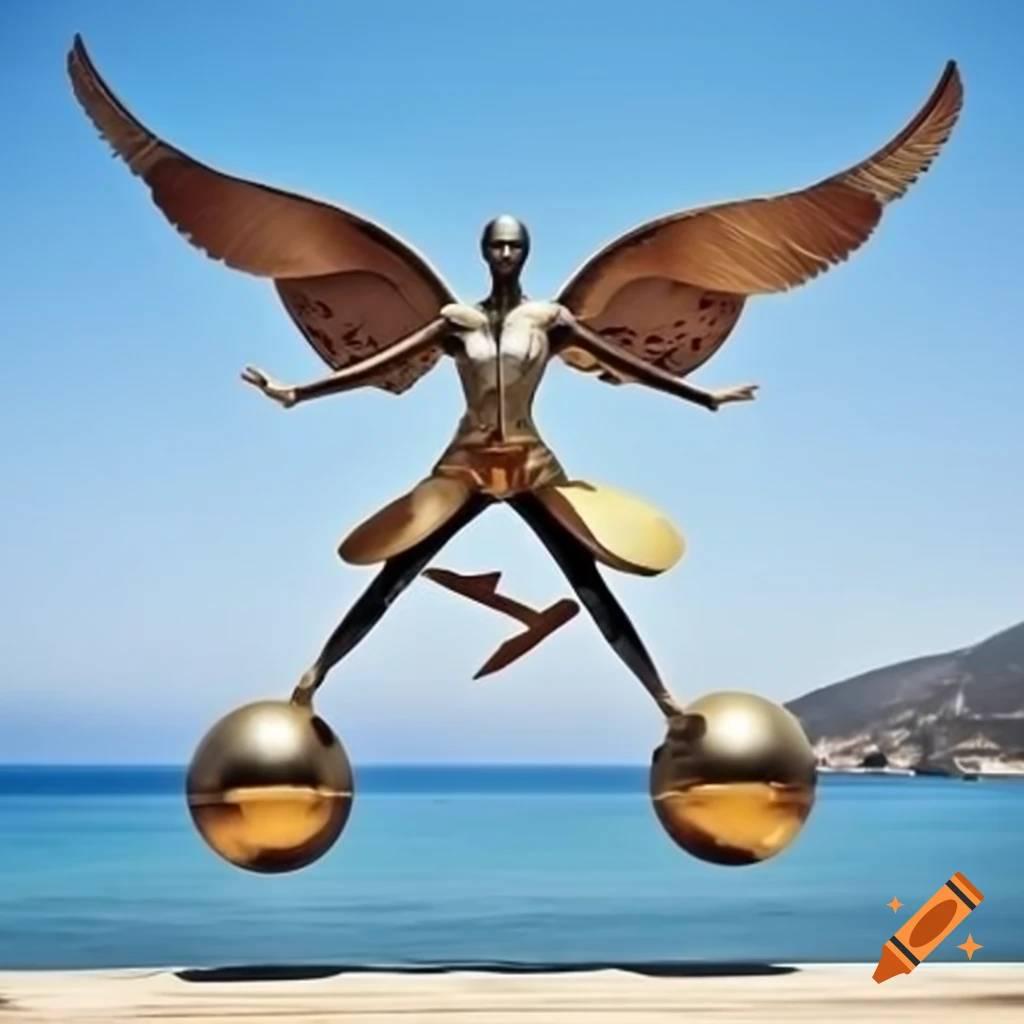 Supermodel with metallic features flying by a Mediterranean seaside on ...