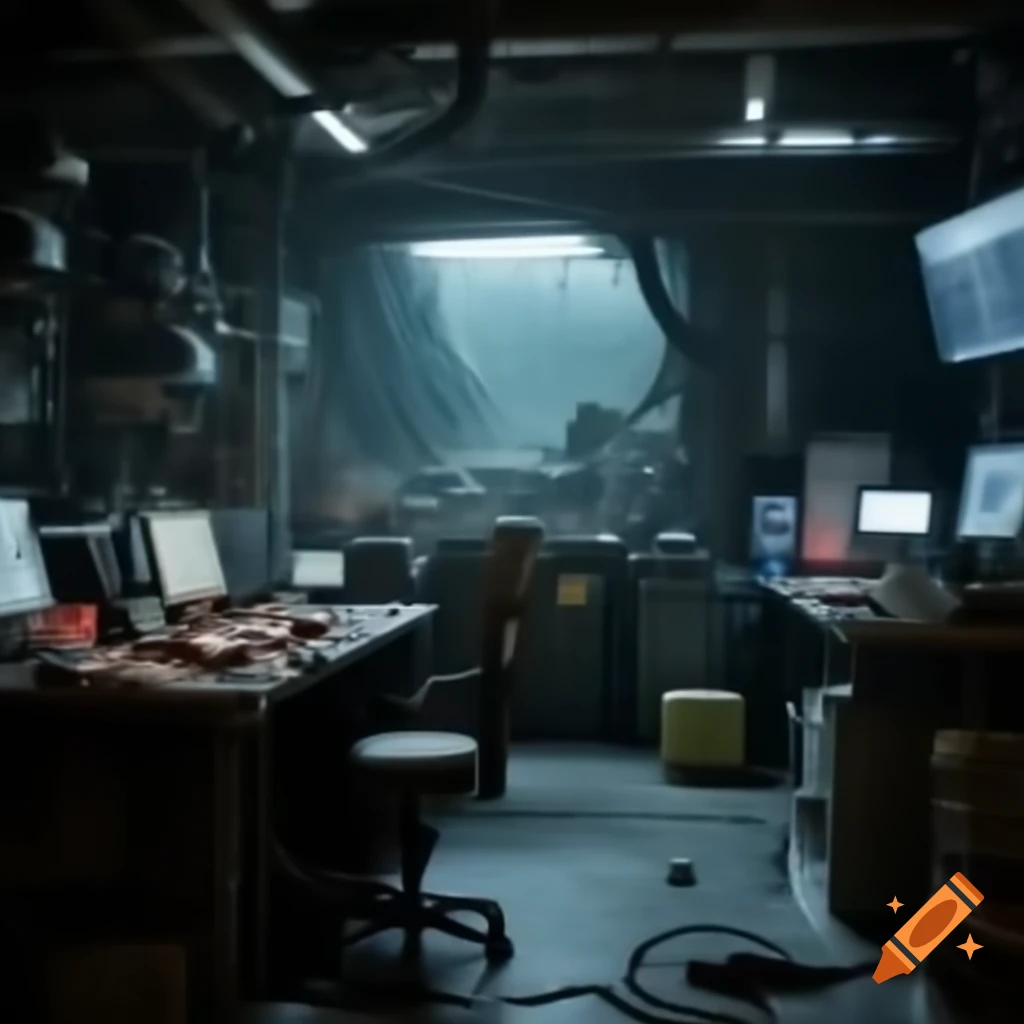 Cinematic shot of dimly lit underground sci-fi lab with cluttered high ...