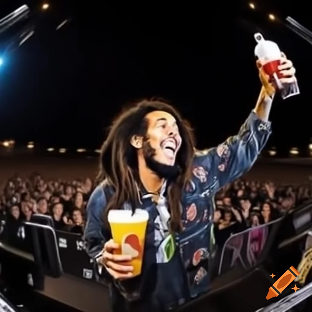 Bob Marley enjoying iced tea on stage at a rock concert with spotlight ...