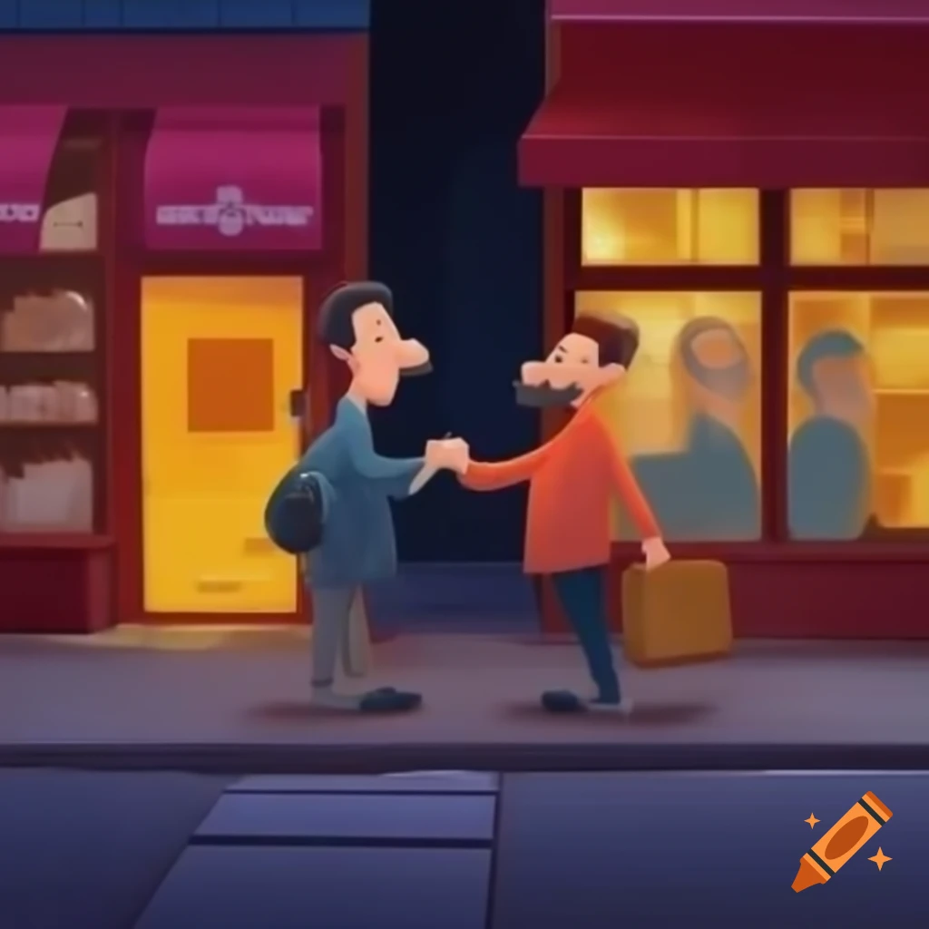 Cartoon street scene with shops and two happy men greeting each other ...