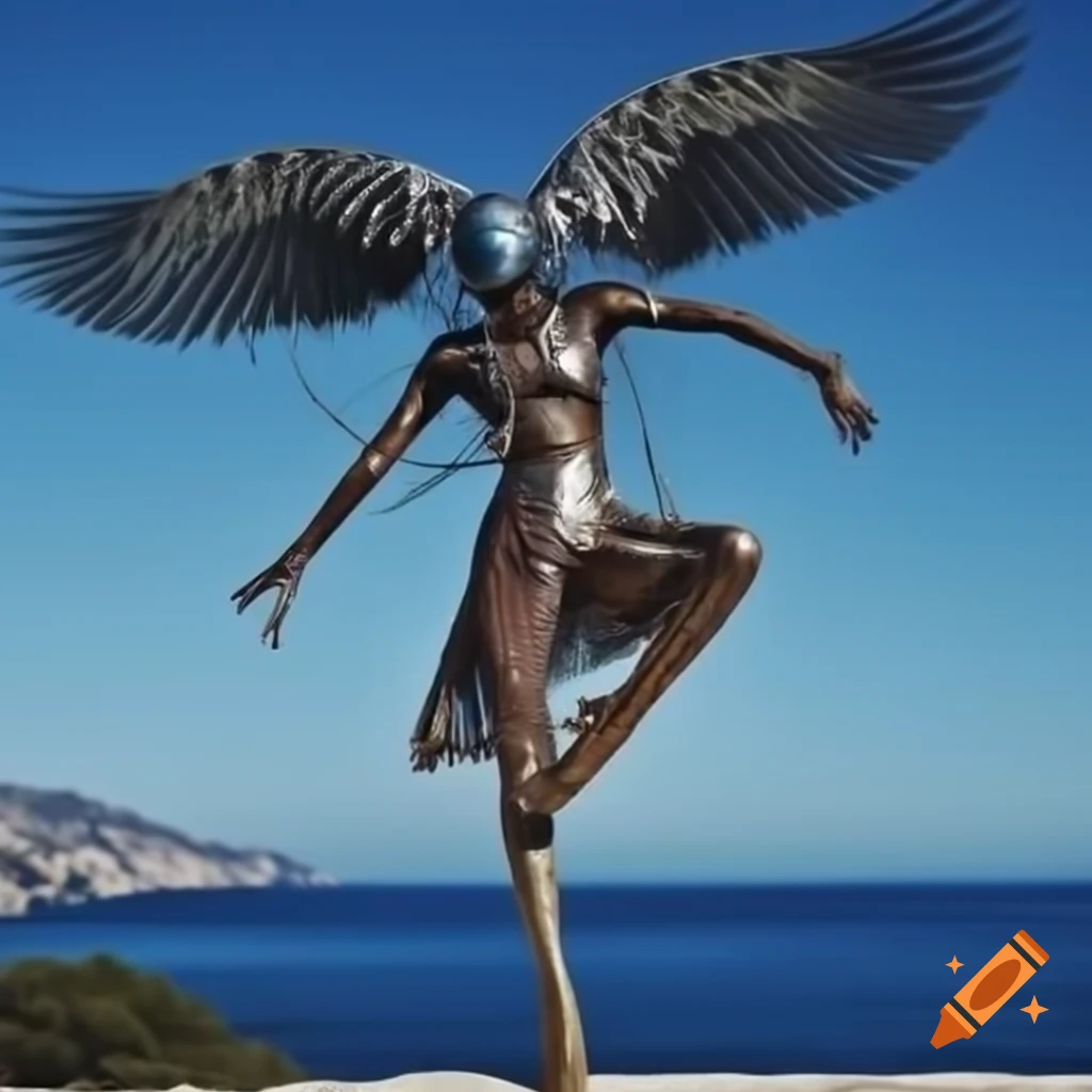 Supermodel with metallic features flying over Mediterranean seaside ...