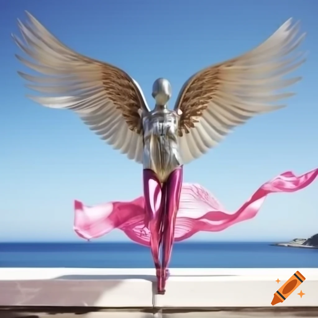 Supermodel with metallic body and wings flying near majestic ...