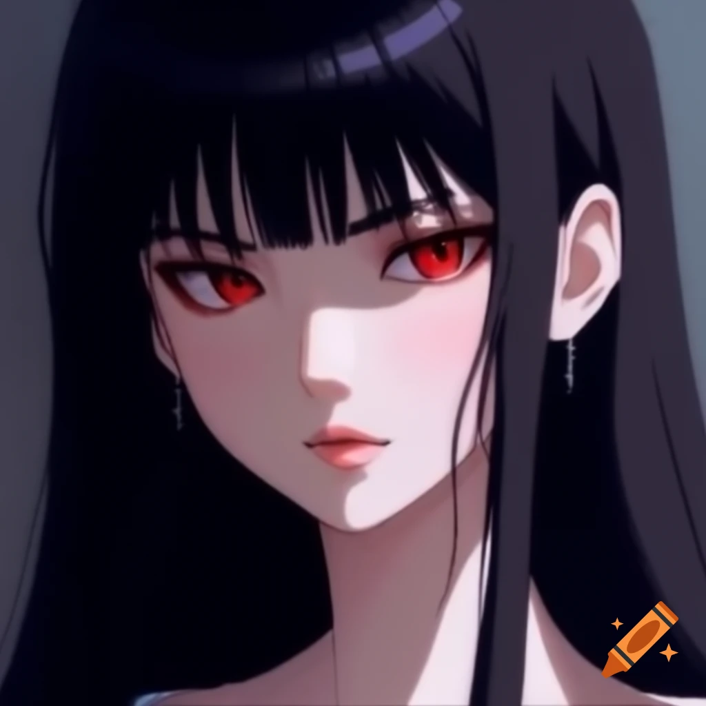 Anime character with long dark hair and red eyes, neutral expression on ...