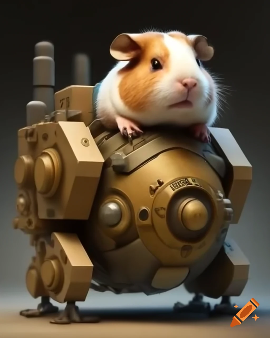 Guinea pig in cartoon style riding a heavy metal mech ball on Craiyon