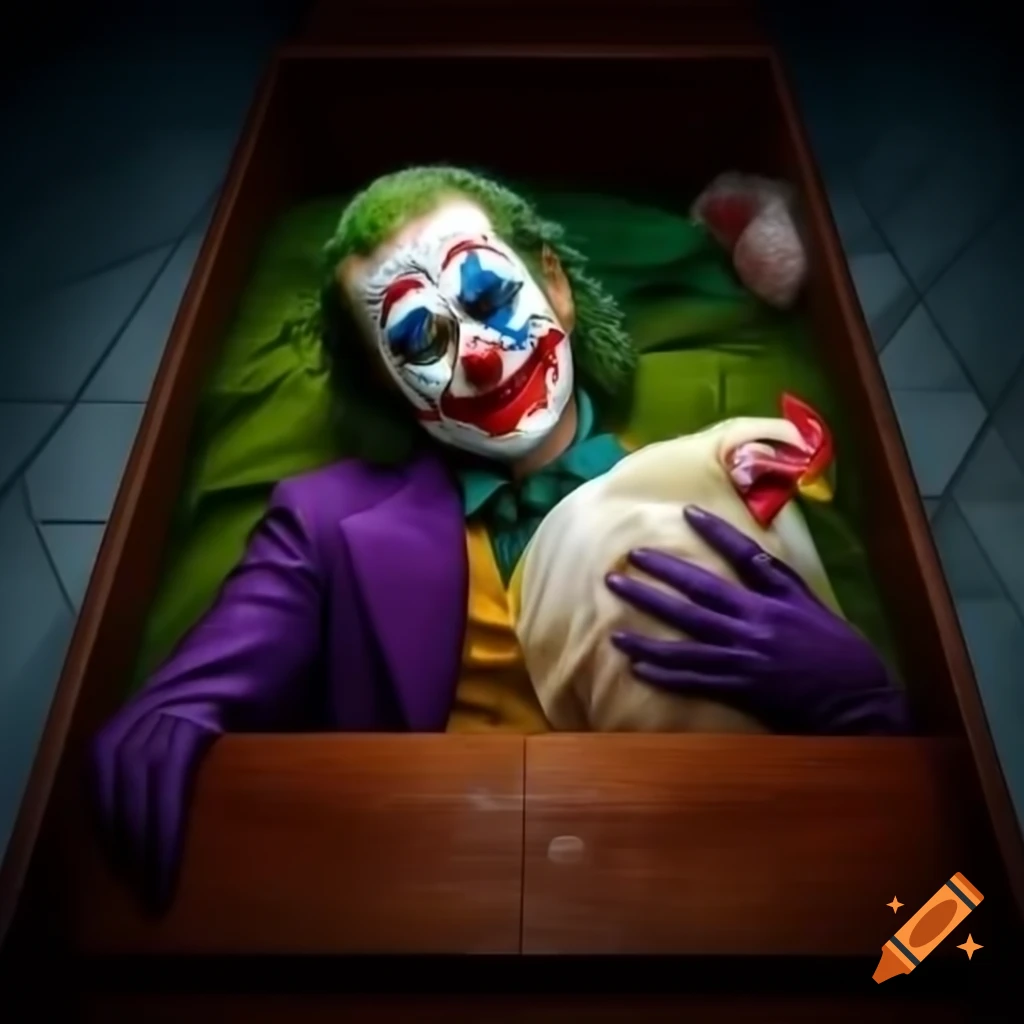Joker in coffin crying while holding a chicken, sarcastic expression ...