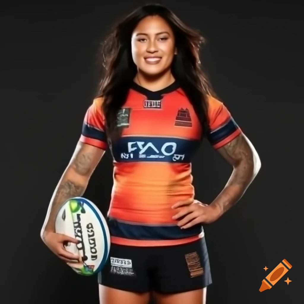 Strong female rugby player with tattoos holding a footy on Craiyon