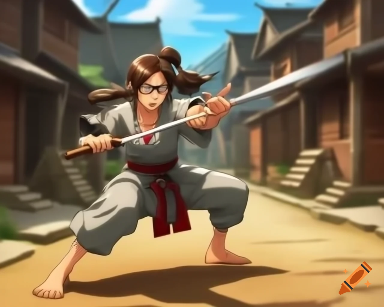 Elegant barefoot ninja woman in anime style posing with daggers on Craiyon