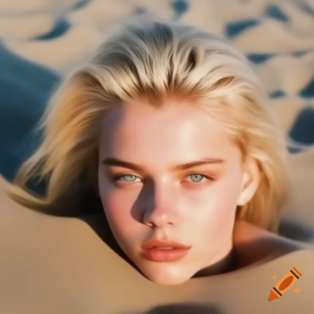 Young blonde woman with bob hairstyle buried neck deep in sand on Craiyon