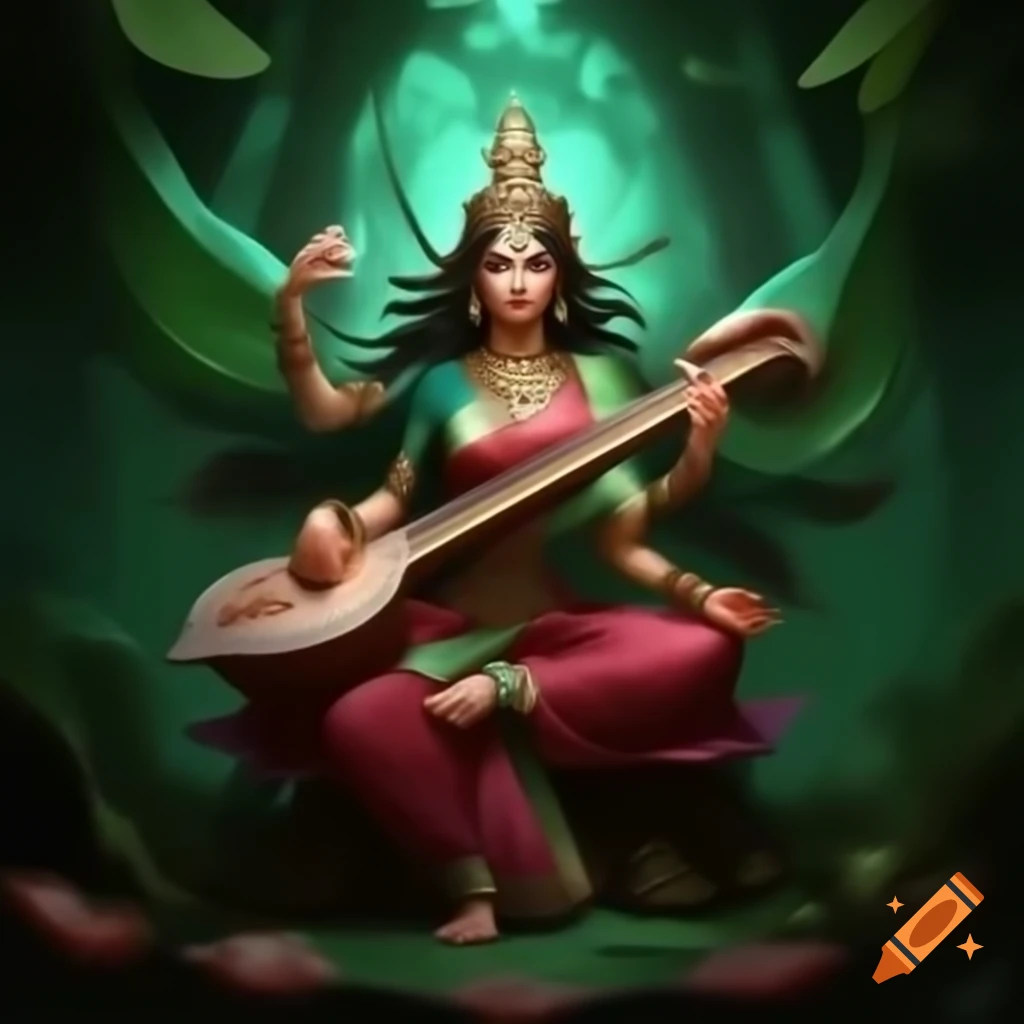Mystical portrait of Goddess Matangi with jade-green skin and ...
