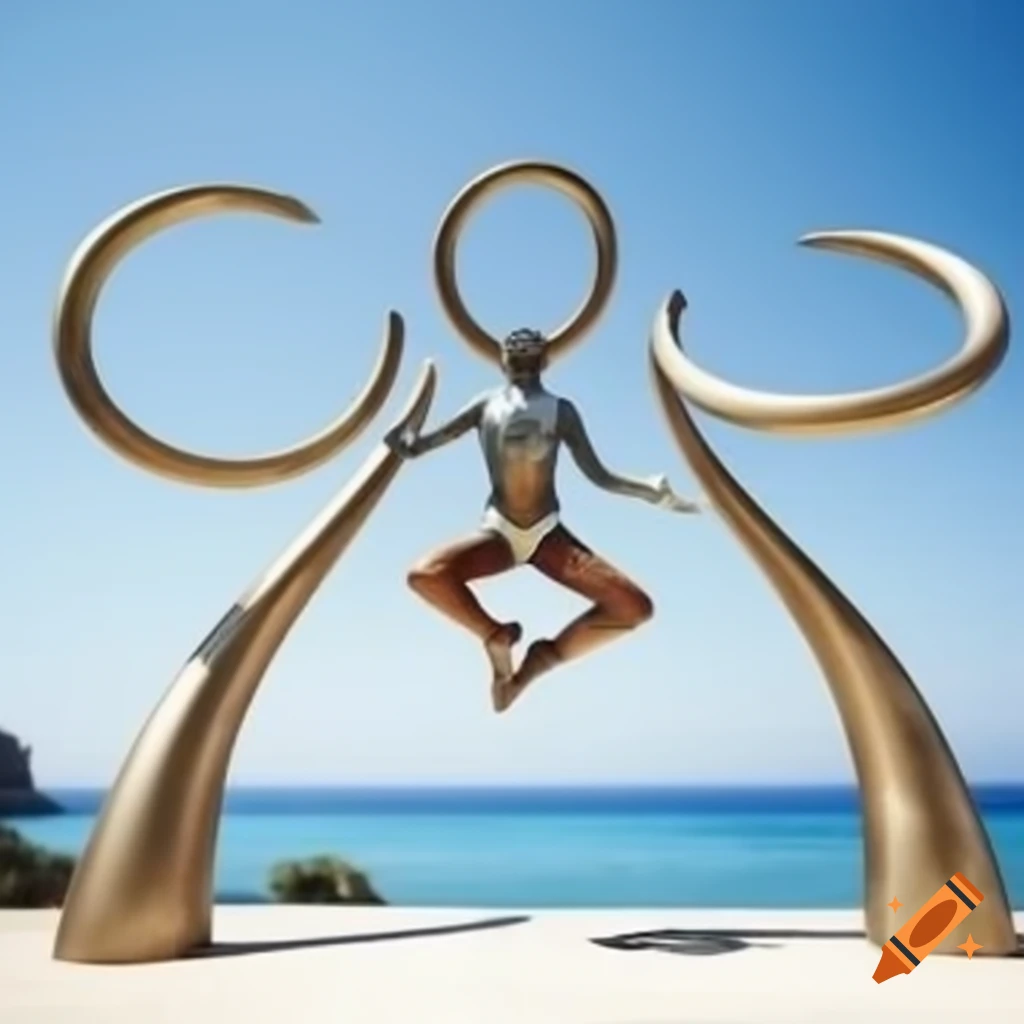 Supermodel with metallic features and wings flying over Mediterranean ...