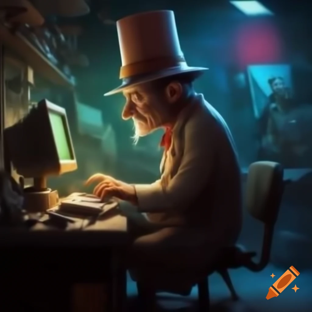 Eccentric inventor building a computer in a dim, tool-filled lab on Craiyon