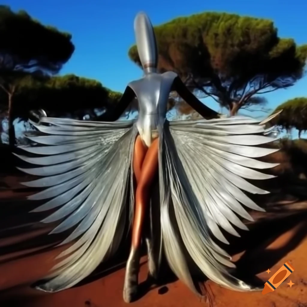 Supermodel with metallic features flying over Mediterranean landscape ...