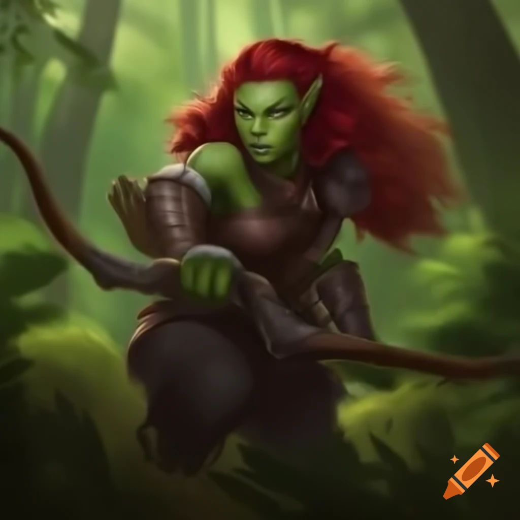 Half-Orc female archer in lush forest setting on Craiyon