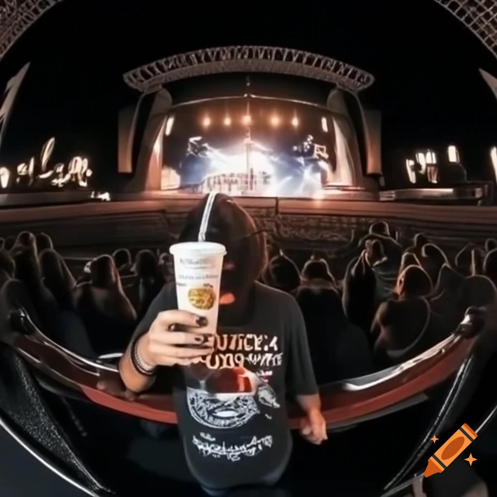 Rock star drinking iced tea on stage at concert with crowd and ...