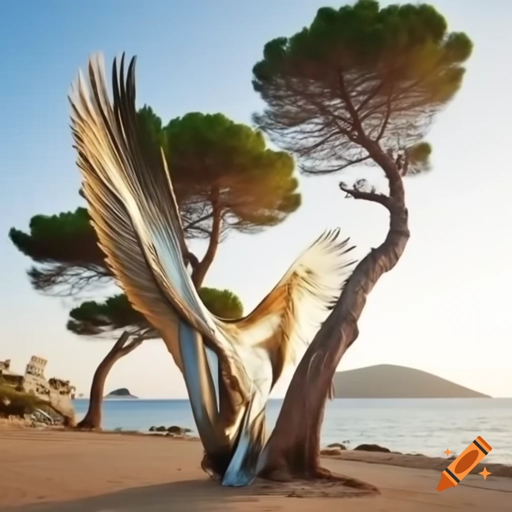 Supermodel with metallic body and wings flying over Mediterranean ...