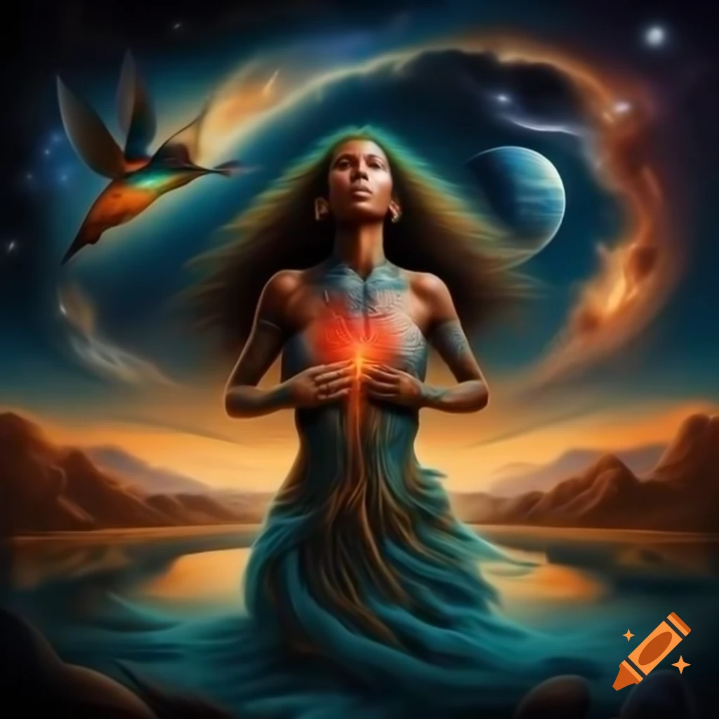 Surreal sky with galaxies and aboriginal woman transforming into a tree ...