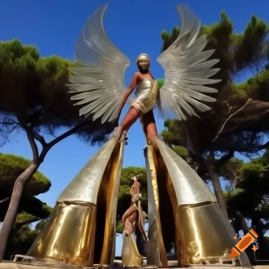 Supermodel with metallic body and wings flying over Mediterranean ...