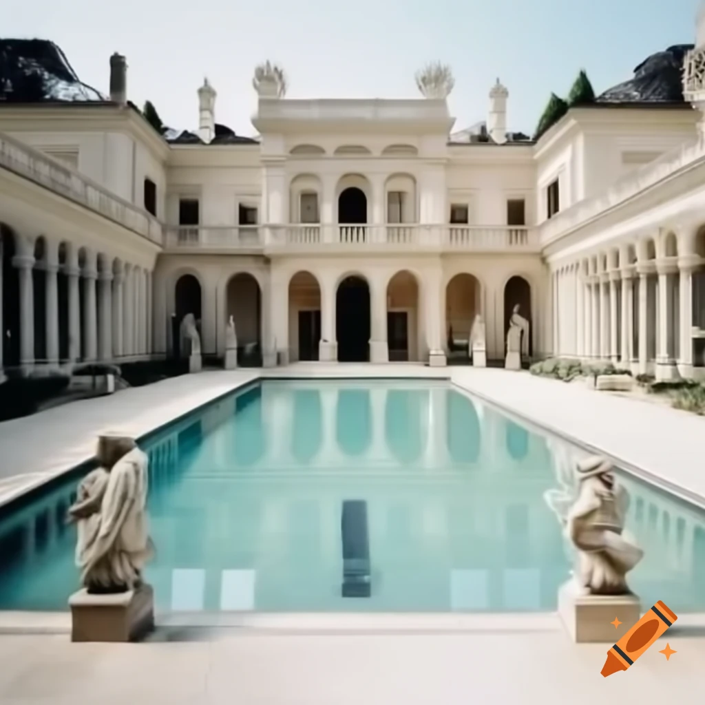 European-style mansion courtyard with rectangular pool and elegant ...