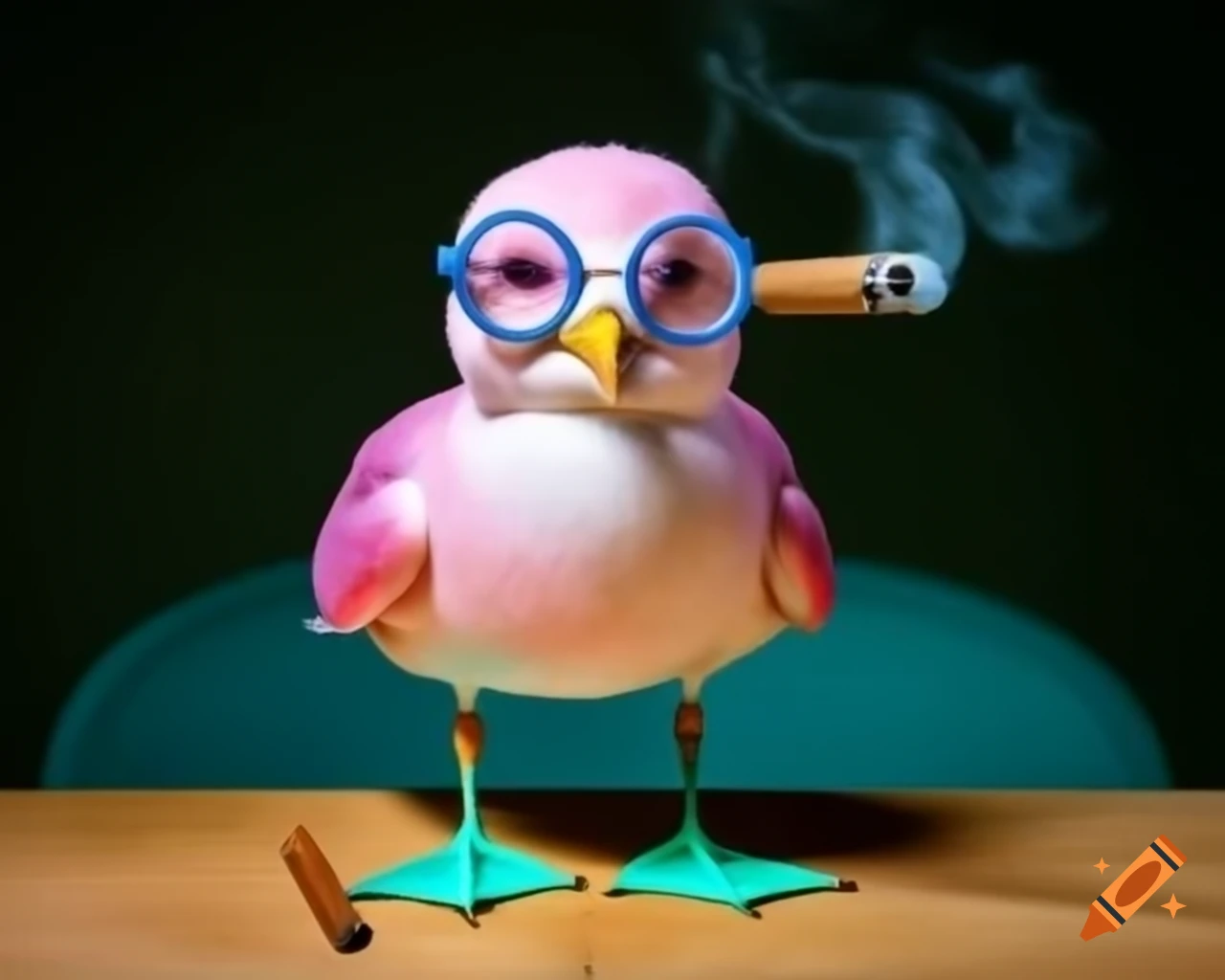 Pink seagull wearing green socks and blue glasses, smoking a cigar on ...
