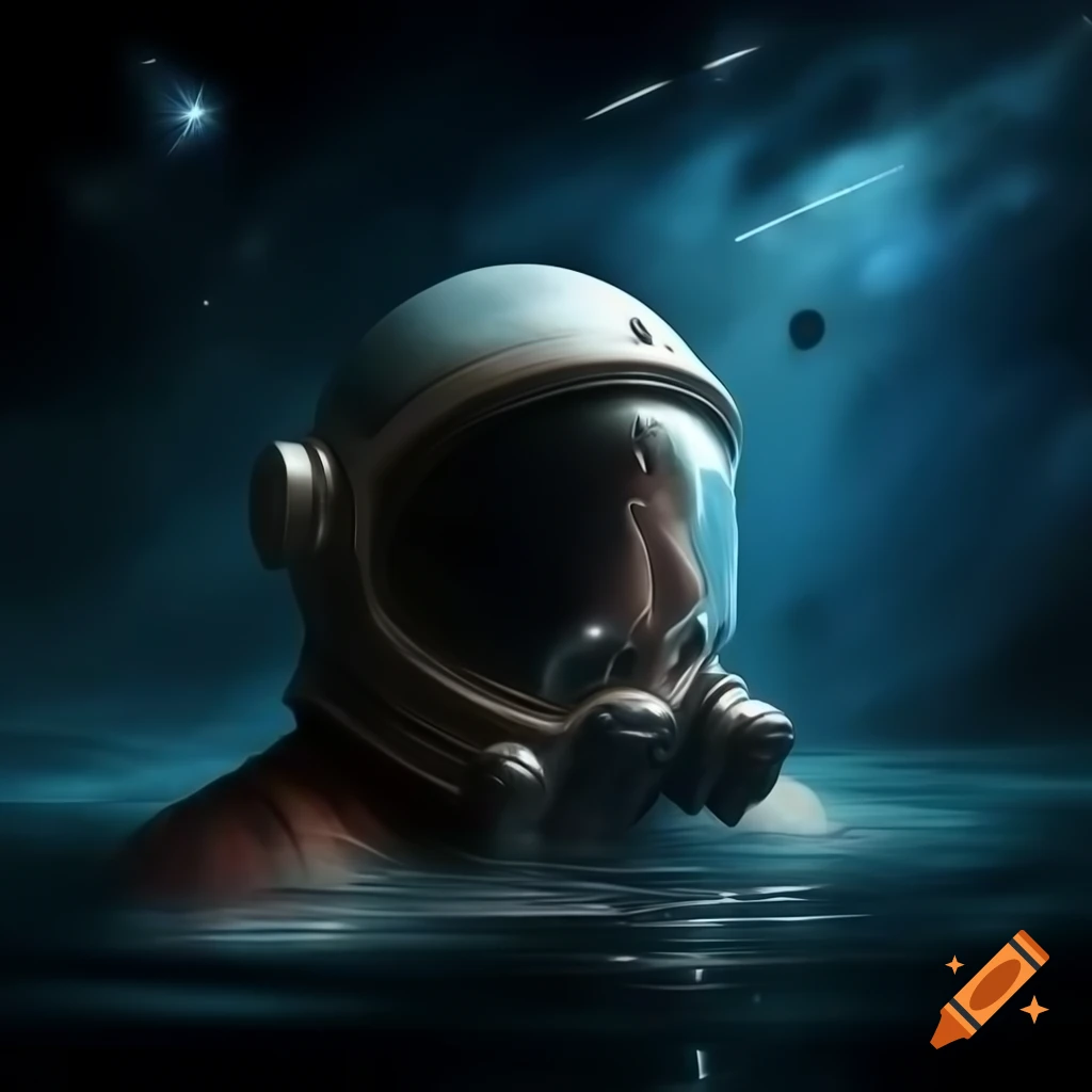 Oil painting of spaceman diving into water with stars and comets on Craiyon