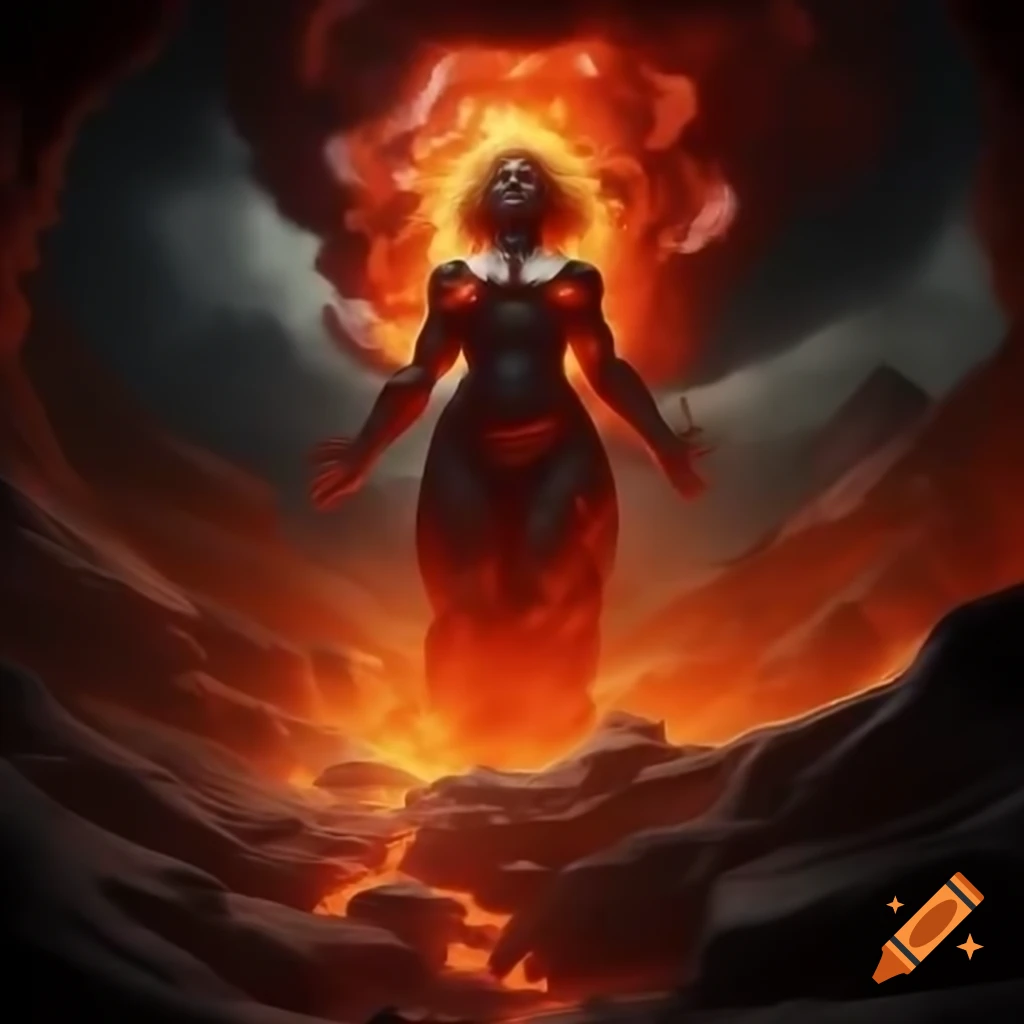 Volcanic Titan woman emerging from crater, lava skin and molten rock on ...