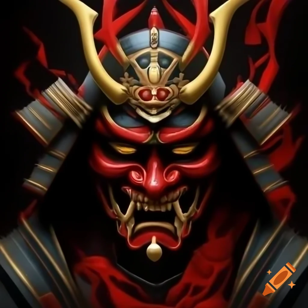 Hyperrealistic samurai mask with red and gold accents in surreal style ...