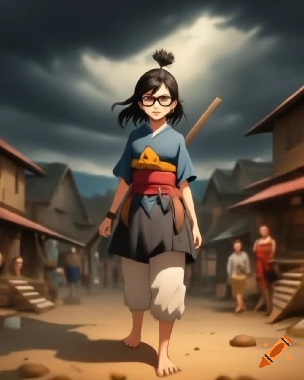 Cheerful barefoot ninja woman with glasses in stormy village setting on ...