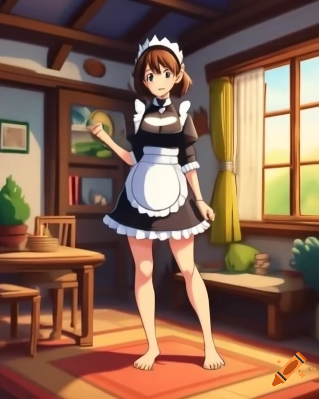 Elegant barefoot ninja maid posing in village home, anime style on Craiyon