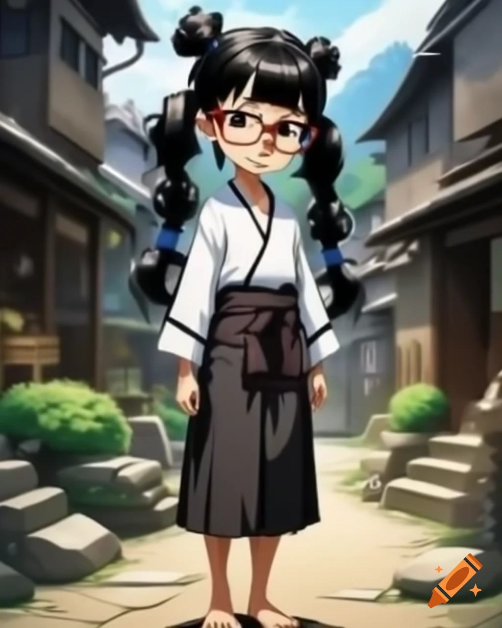 Elegant barefoot ninja woman with black pigtails posing in village ...