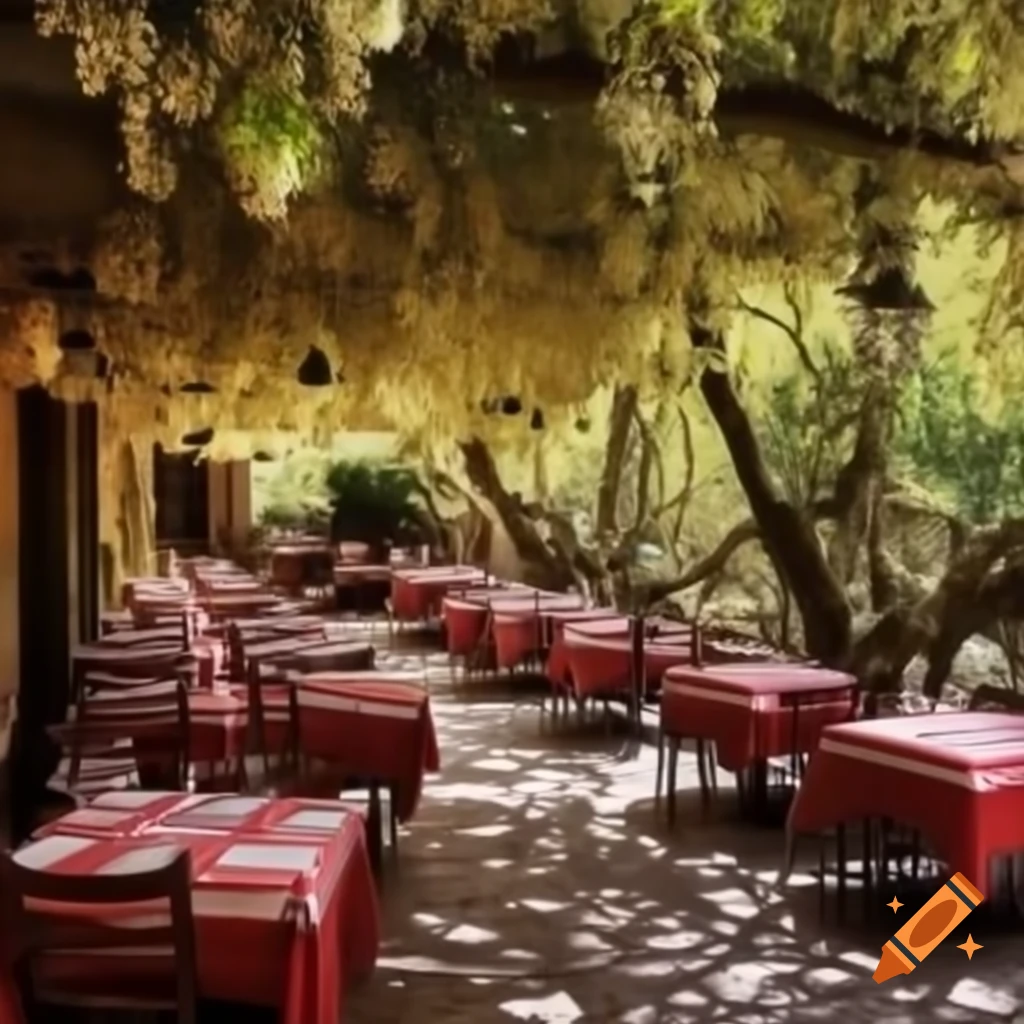 Charming outdoor Italian restaurant with rustic tables and grapevines ...