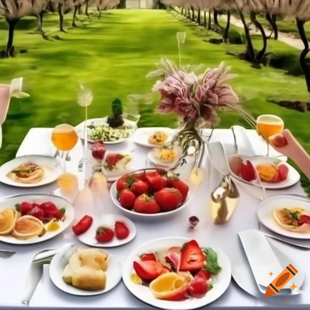 Springtime feast in garden with fresh strawberries, salads, and rosé ...