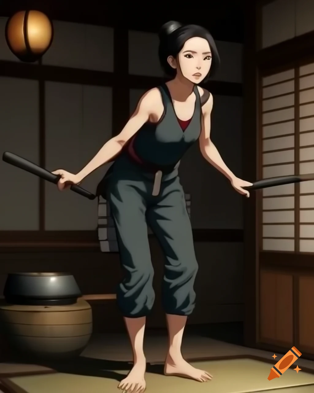 Elegant barefoot ninja woman posing in Japanese village home, anime ...