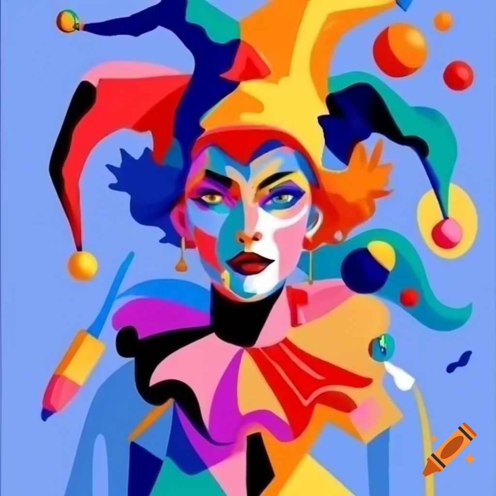 Colorful digital art of a dancing jester in flat design style on Craiyon