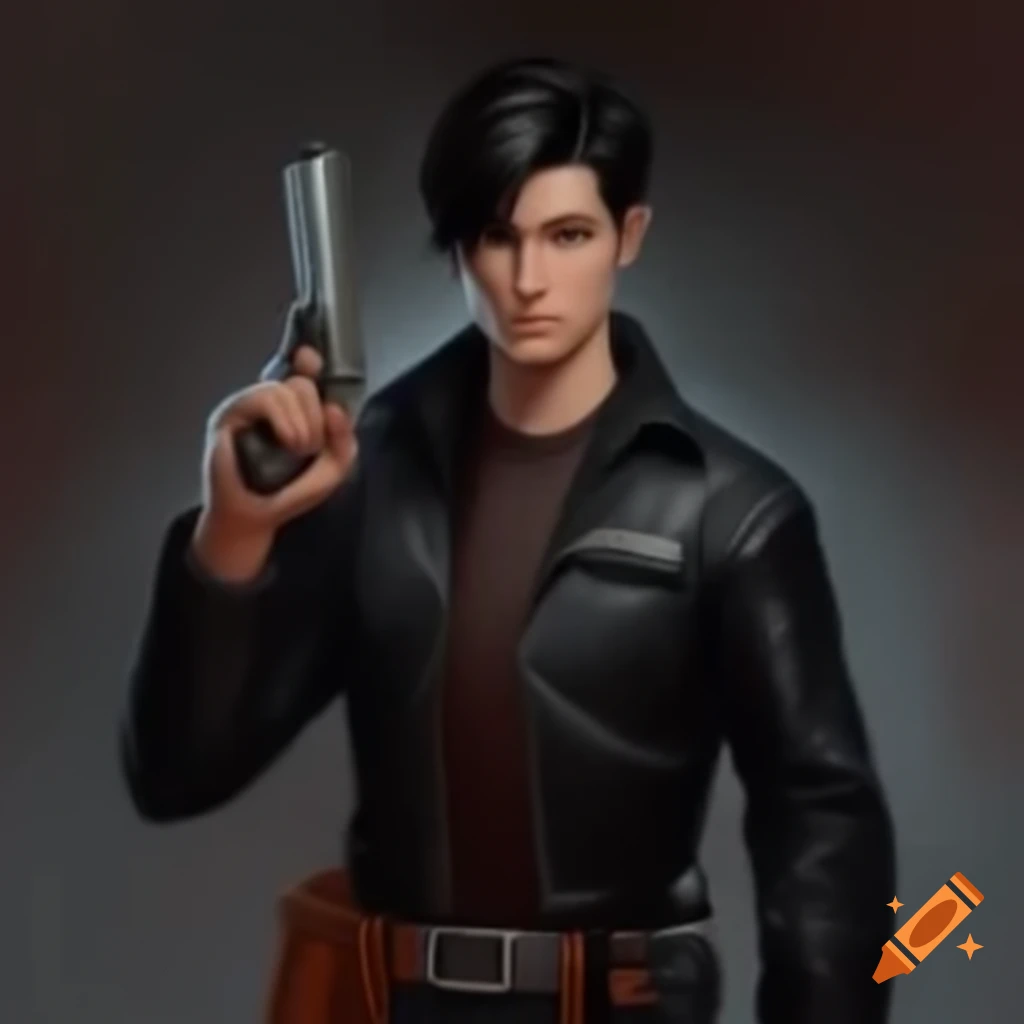 Post-apocalyptic mechanic in work suit and leather jacket with pistol ...