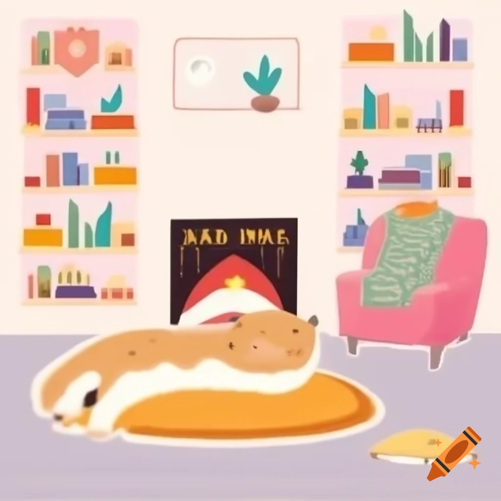 Cozy living room with fireplace, cat on rug, and comfy armchair - line ...