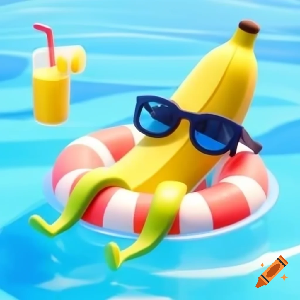 Cartoon banana in sunglasses relaxing on a tube in a swimming pool with ...