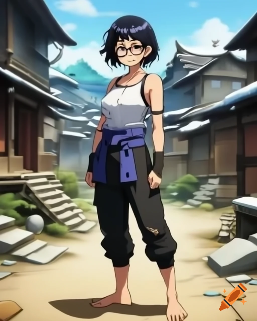 Confident barefoot ninja woman in glasses sneaking in village, anime ...