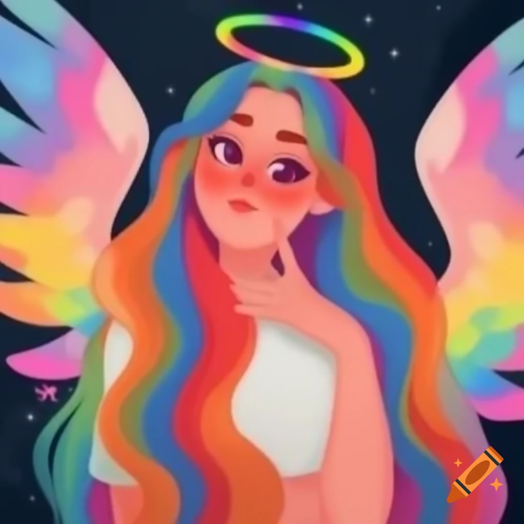 Guardian angel named Galia with rainbow long hair and wings on Craiyon
