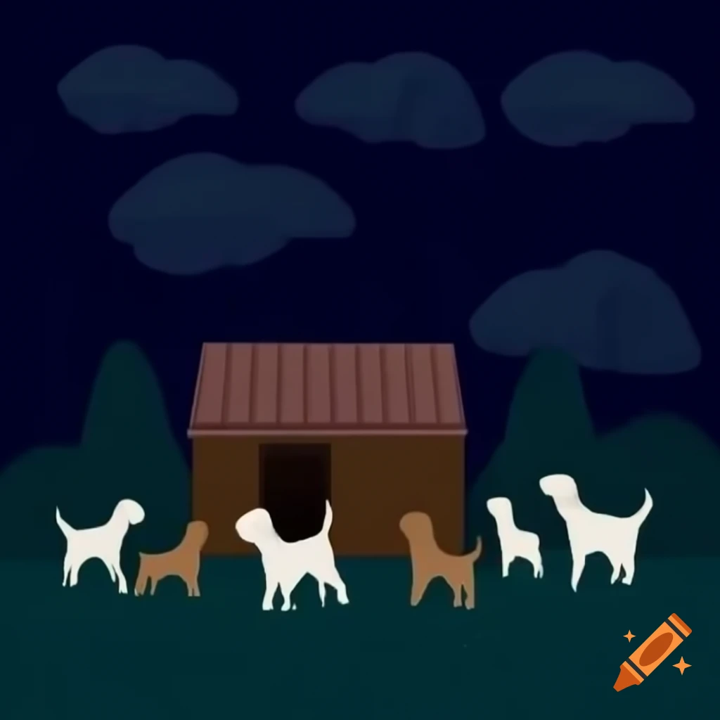 Pile of dogs outside a shack on a rainy night on Craiyon