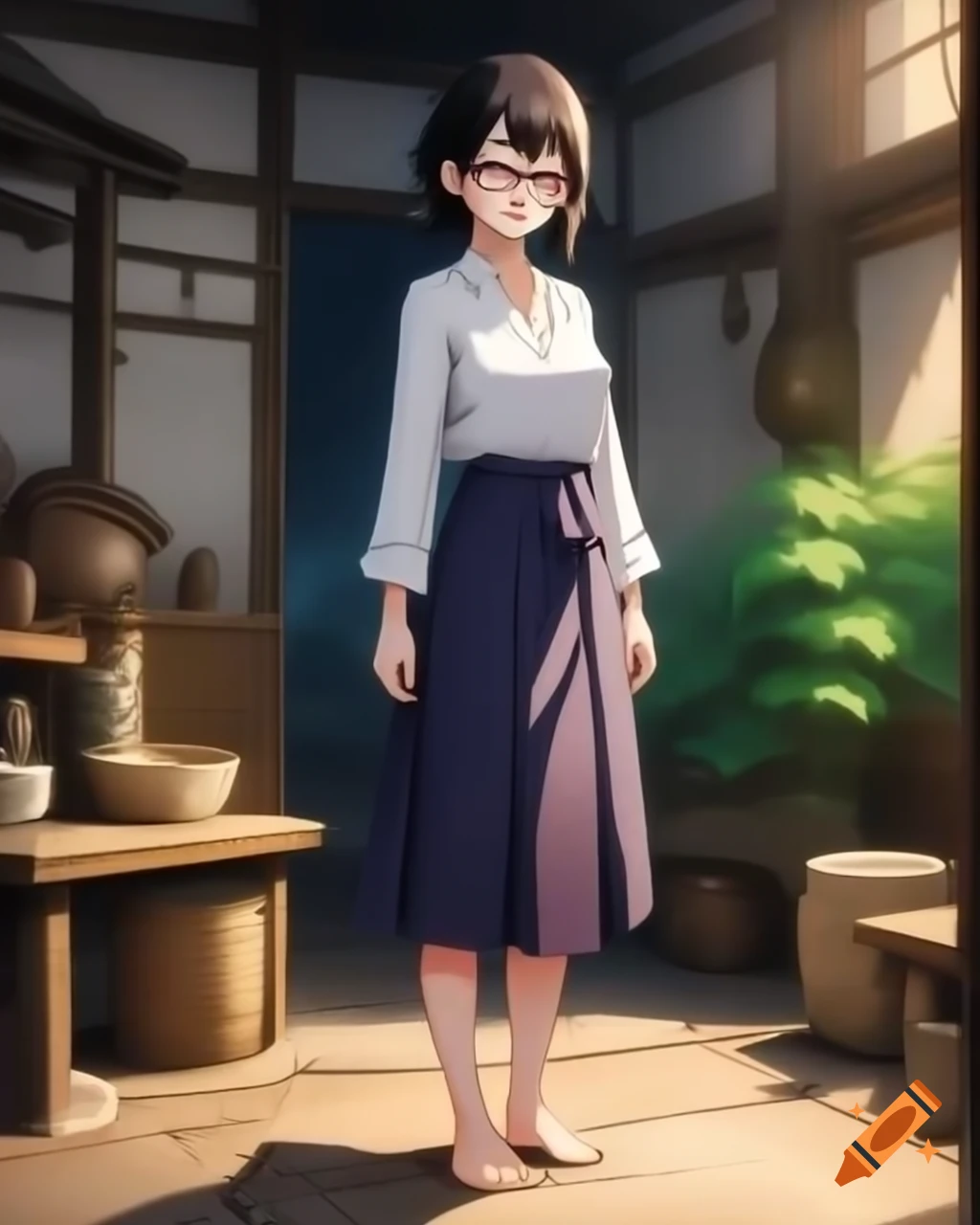 Elegant barefoot ninja woman in glasses posing in village home, anime ...