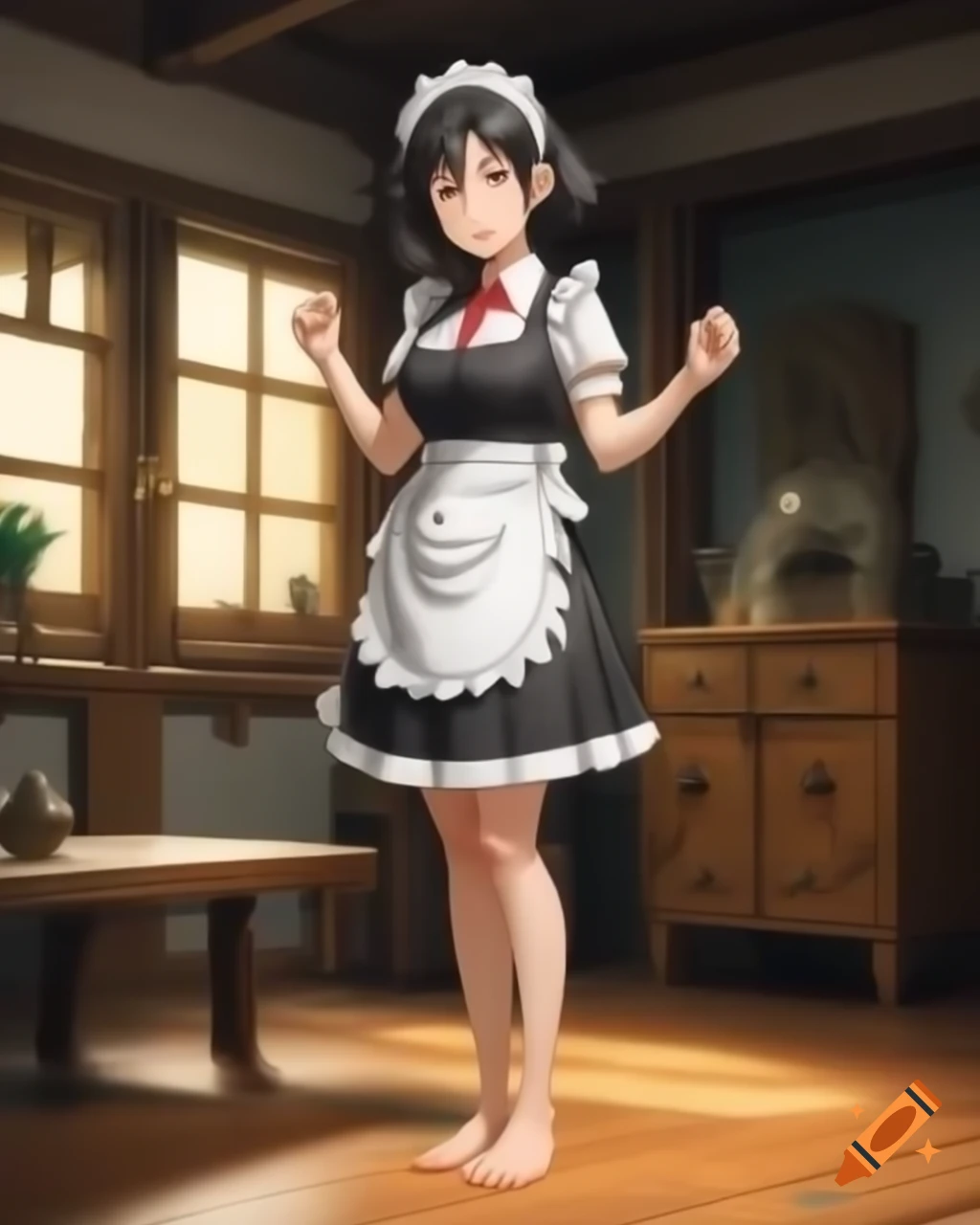 Elegant barefoot ninja maid woman posing in village home, anime style ...