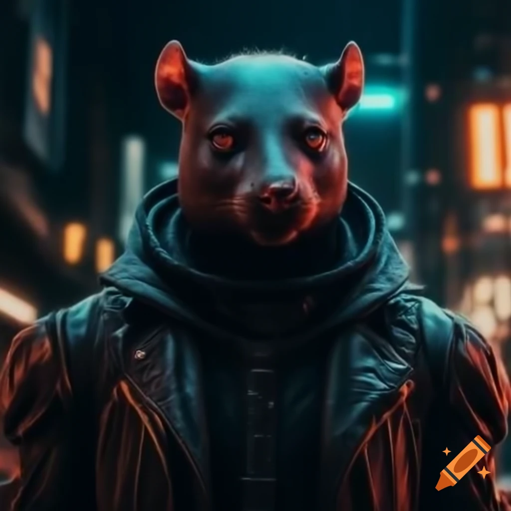 Terminator mouse with a large gun in cyberpunk city at sunset on Craiyon