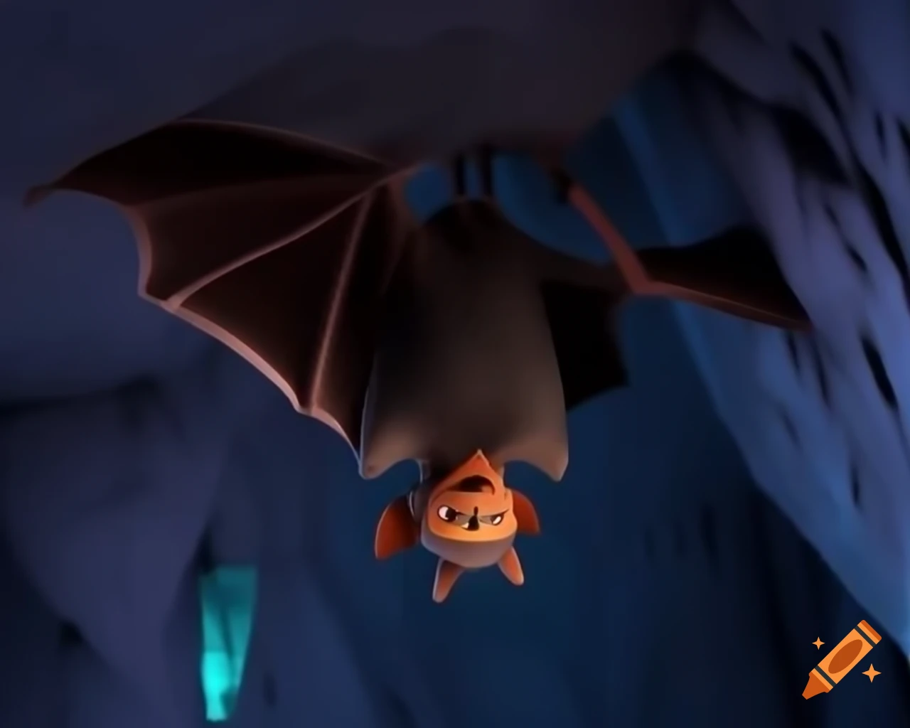 Bat hanging from cave ceiling in Disney Pixar 3D animation style on Craiyon