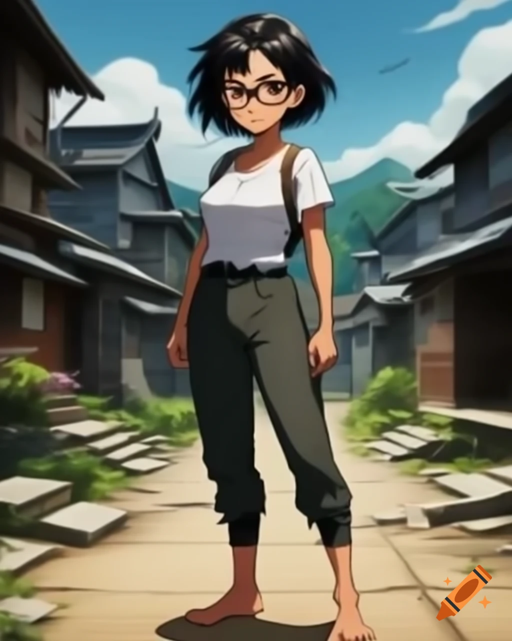 Confident barefoot ninja woman wearing glasses posing in village, anime ...