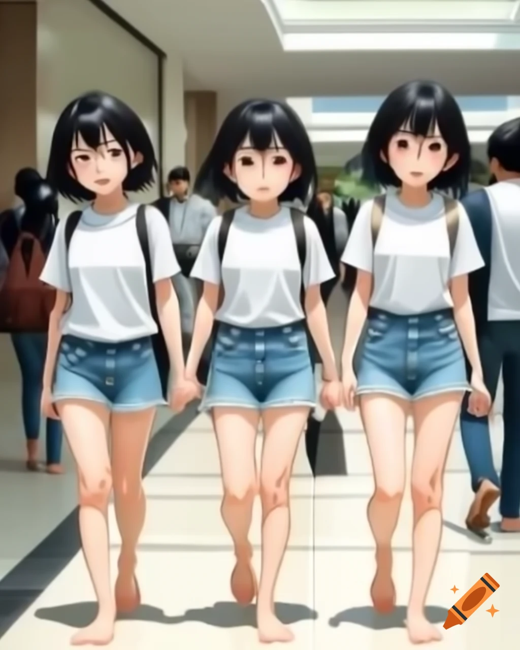 Anime scene of three embarrassed women walking barefoot in a mall on ...